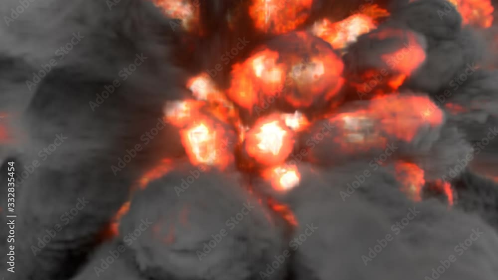 Animated many bright fireballs of swirling intense flames with dense ...