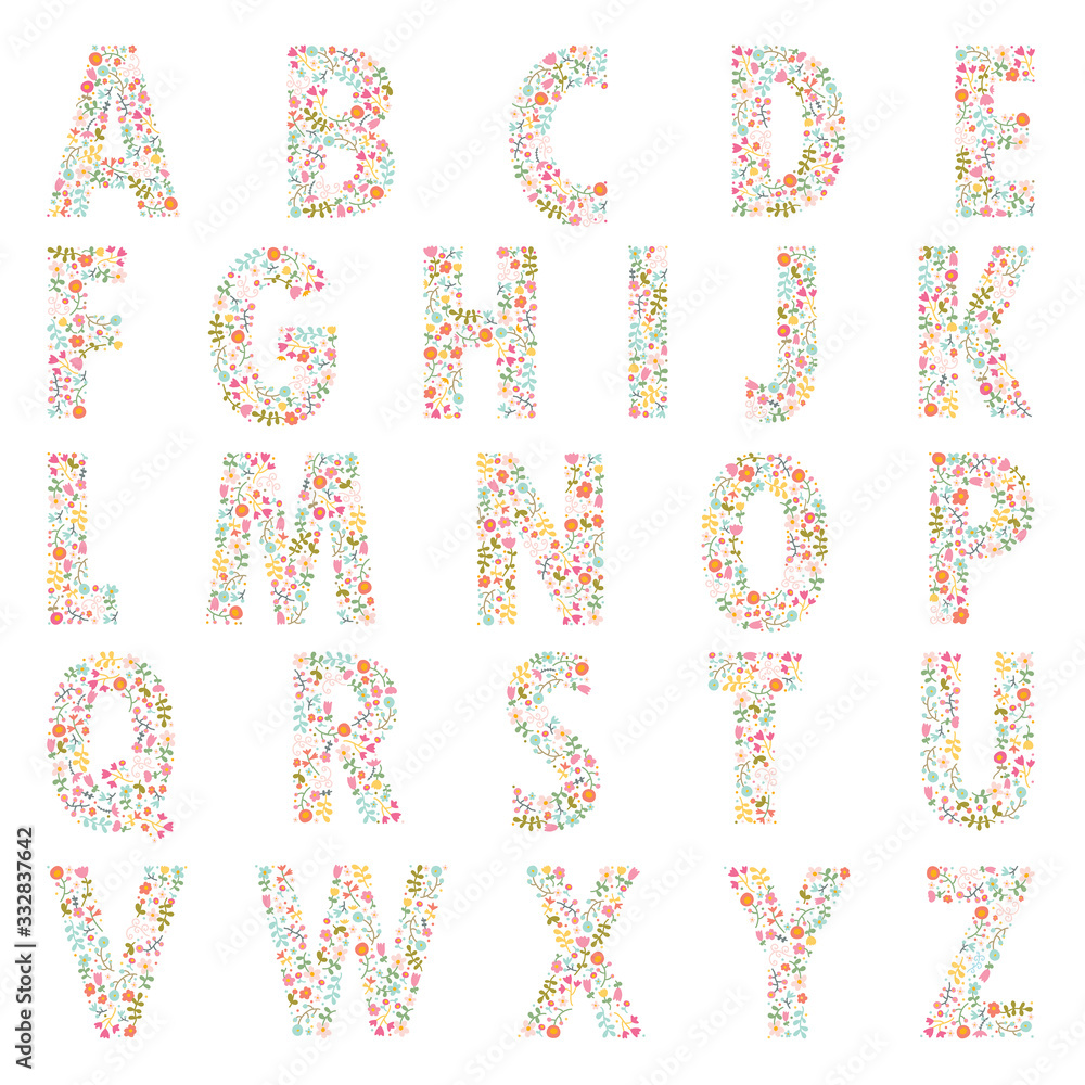 Cute floral alphabet. Letters with flowers and leaves. Vector ...