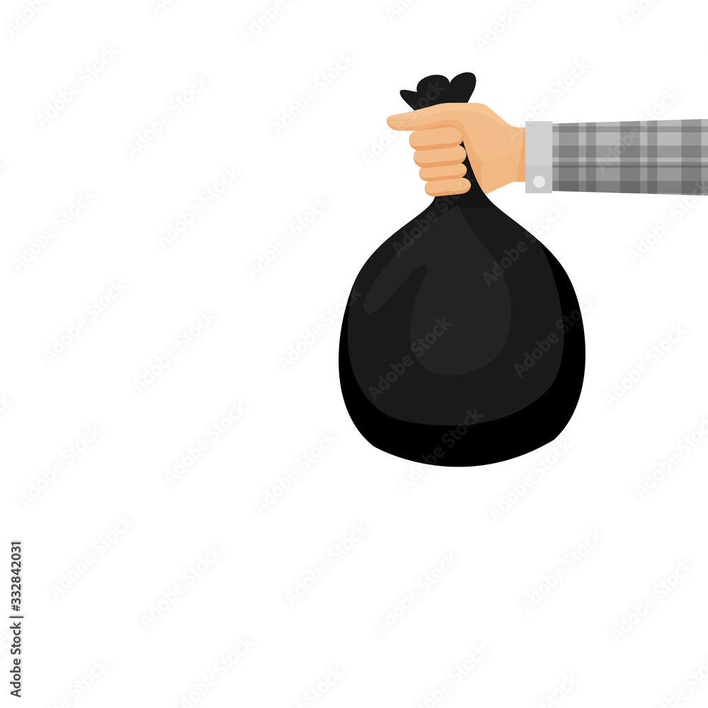 bag waste in hand isolated on white, hand holding black plastic trash ...