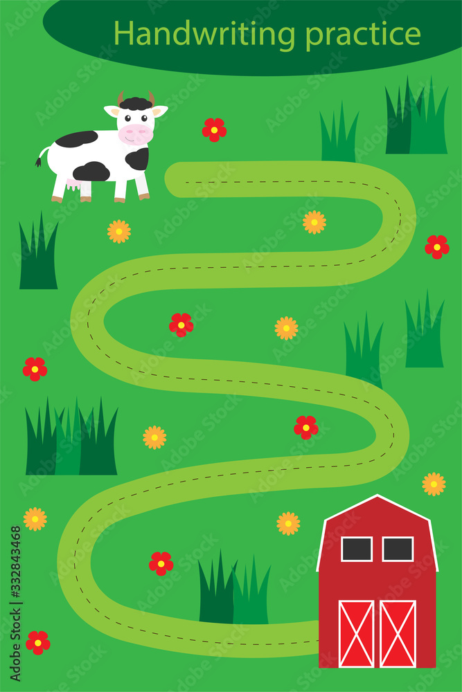 Handwriting practise, writing training. help the cow to get the barn ...