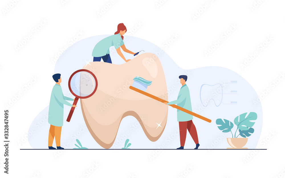 Team of dentists taking care of teeth. Small doctors examining ...