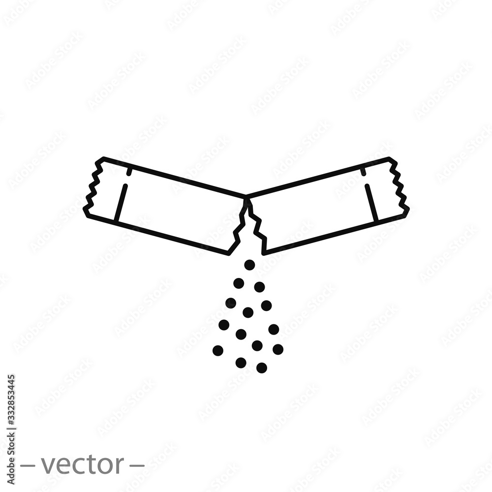 ripped packet sugar icon, open paper sachet with sugar crystals ...