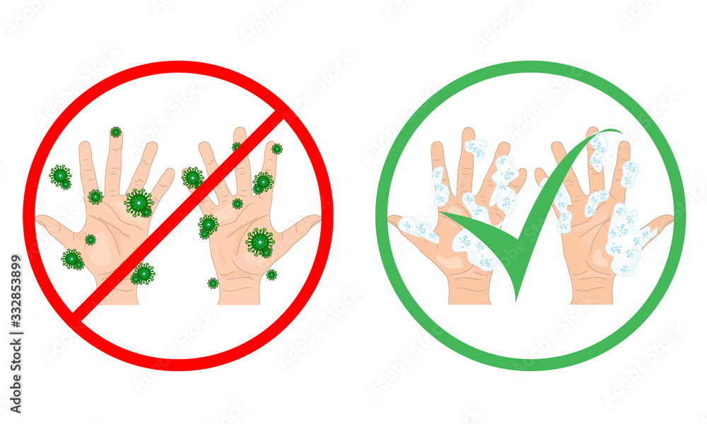 Vector hand washing illustration. Soap and water against corona viruses ...