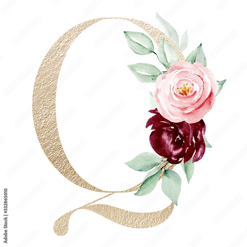 Gold letter q with watercolor flowers and leaves hand painting ...
