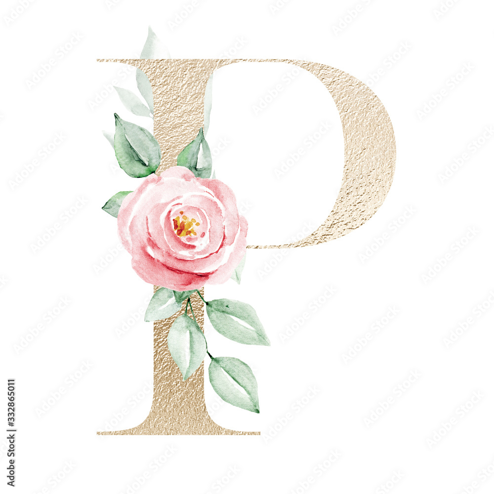 Gold letter p with watercolor flowers and leaves hand painting ...
