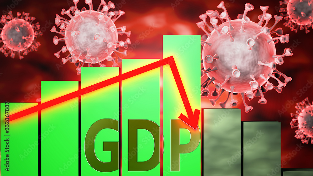 Gdp, Covid-19 virus and economic crisis, symbolized by graph with word ...