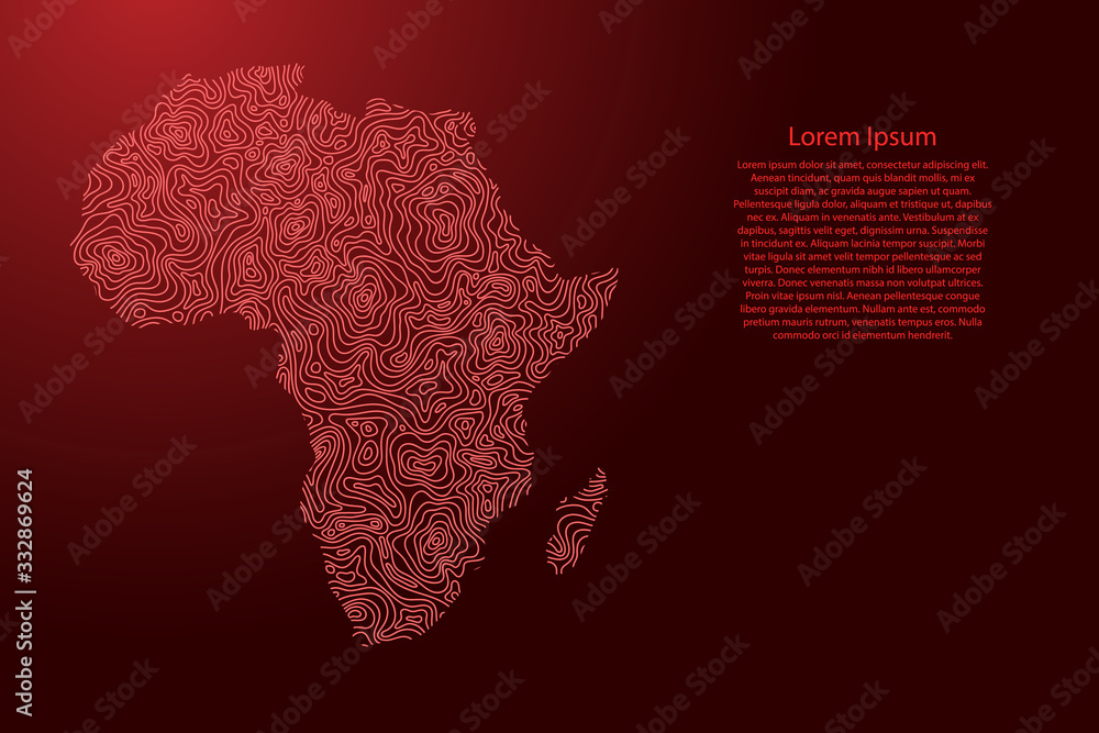 Africa continent map from red isolines or level line geographic ...
