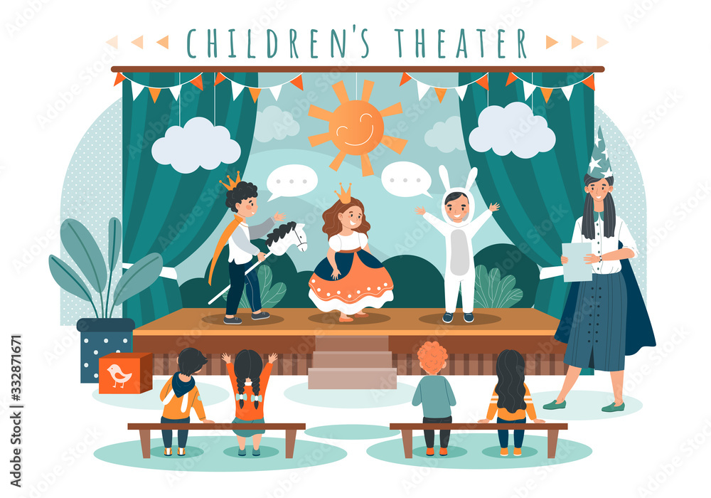 Children theater play, kids in costumes on stage, people vector ...