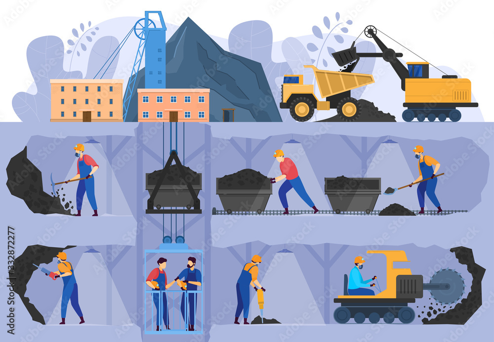 Coal mine industry, people working in underground caverns, vector ...