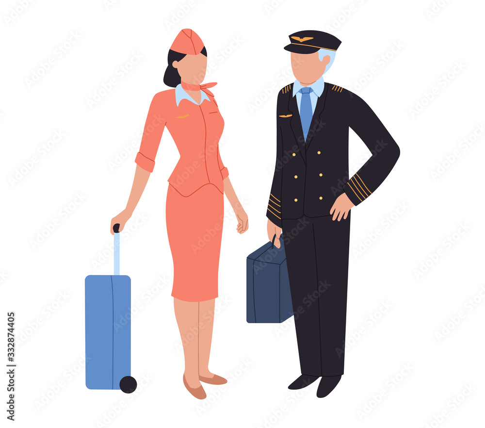Aircrew, pilot and flight attendant, woman and man at airport, vector ...