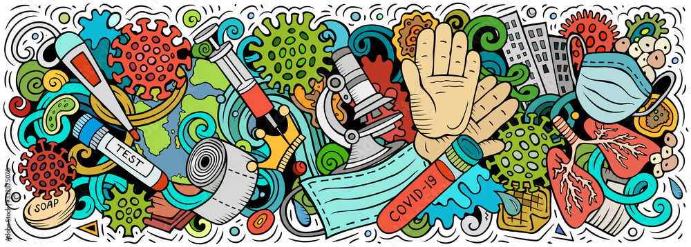 Coronavirus hand drawn cartoon doodles illustration. Colorful vector ...