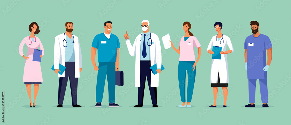 Set of male and female characters of doctors. Surgeons, doctors, nurses ...