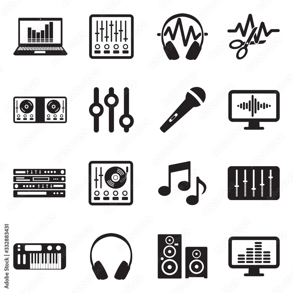 Music Production Icons. Black Flat Design. Vector Illustration. Stock ...