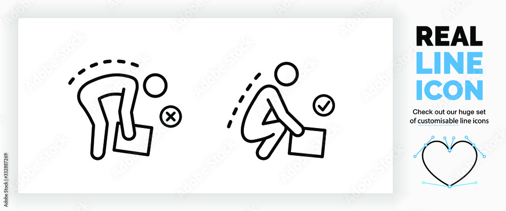 Editable real line icon of a stick figure person doing heavy lifting ...