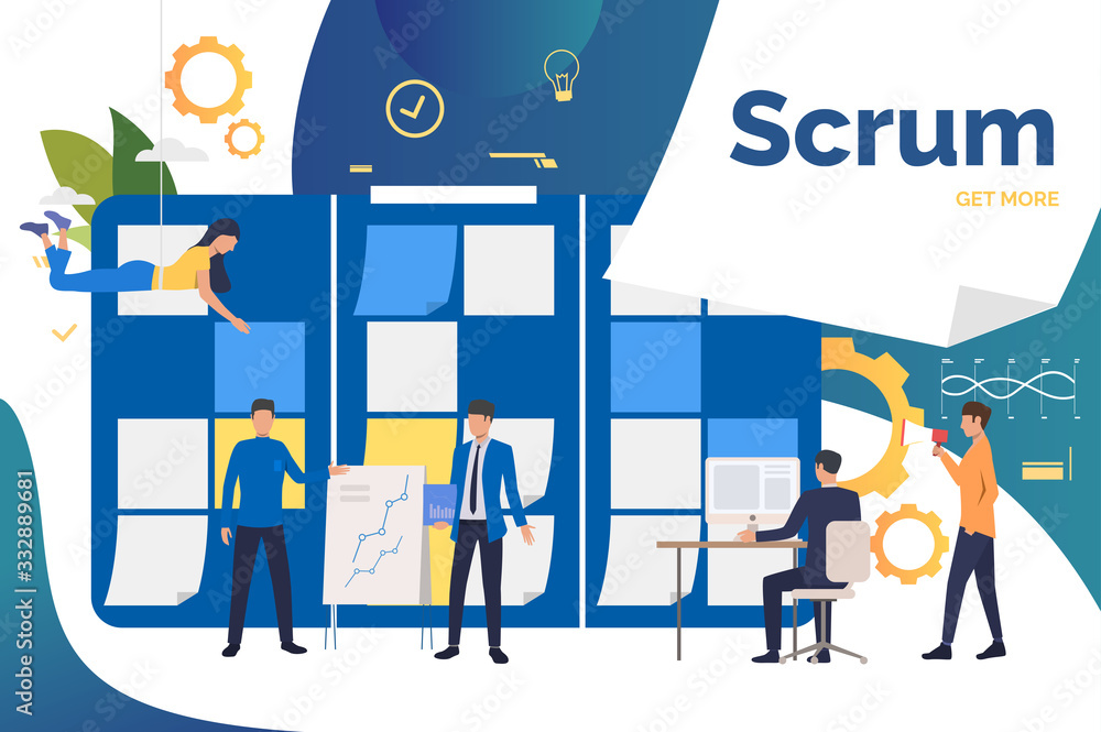 Scrum team working on project in office. Presentation, computer ...