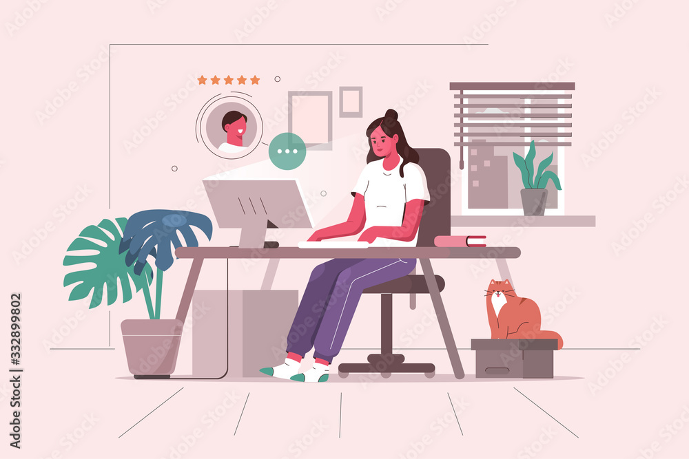 Woman Working at Home Office. Character Sitting at Desk in Cozy Room ...