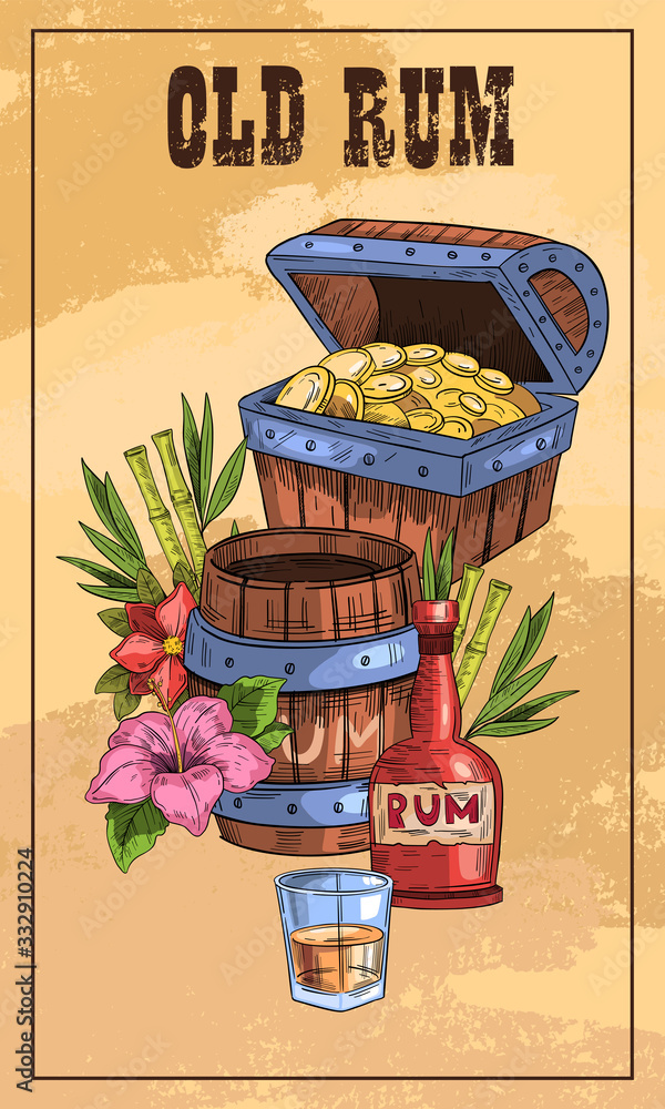 Vector hand drawn poster “Old Rum” in engraving style with bottle ...