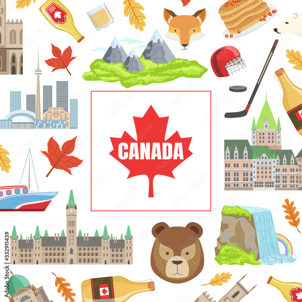 Canada Banner Template with Canadian National Cultural Symbols Vector ...
