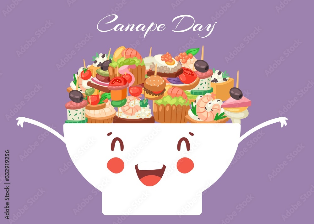 Canapes, tapas, appetizer cute kawaii bowl with caviar, olives and ...