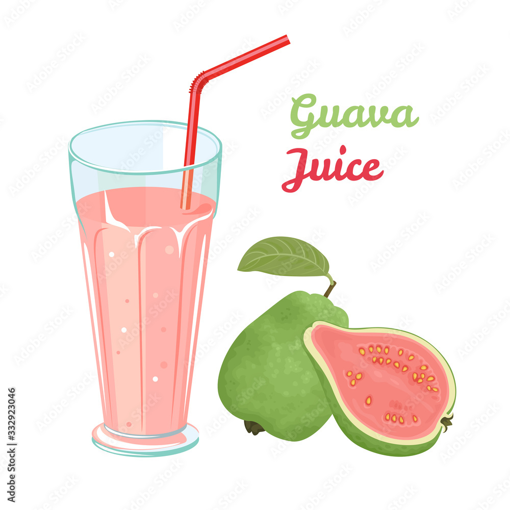 Guava tropical fruit juice in glass cup with straw Isolated on white ...