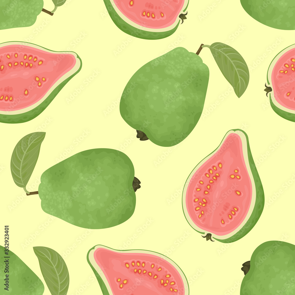 Guava tropical fruit on a yellow background. Food seamless pattern ...