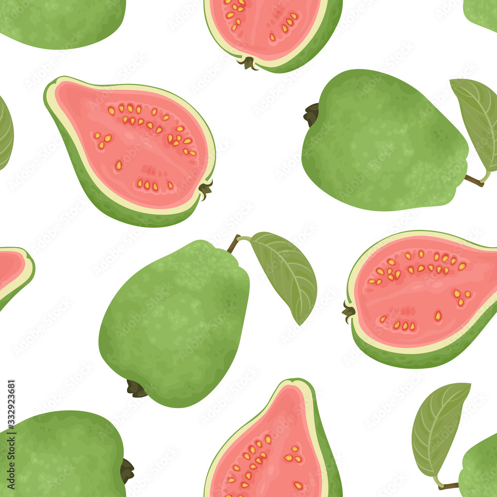 Guava seamless pattern. Tropical whole guava fruit and slices Isolated ...