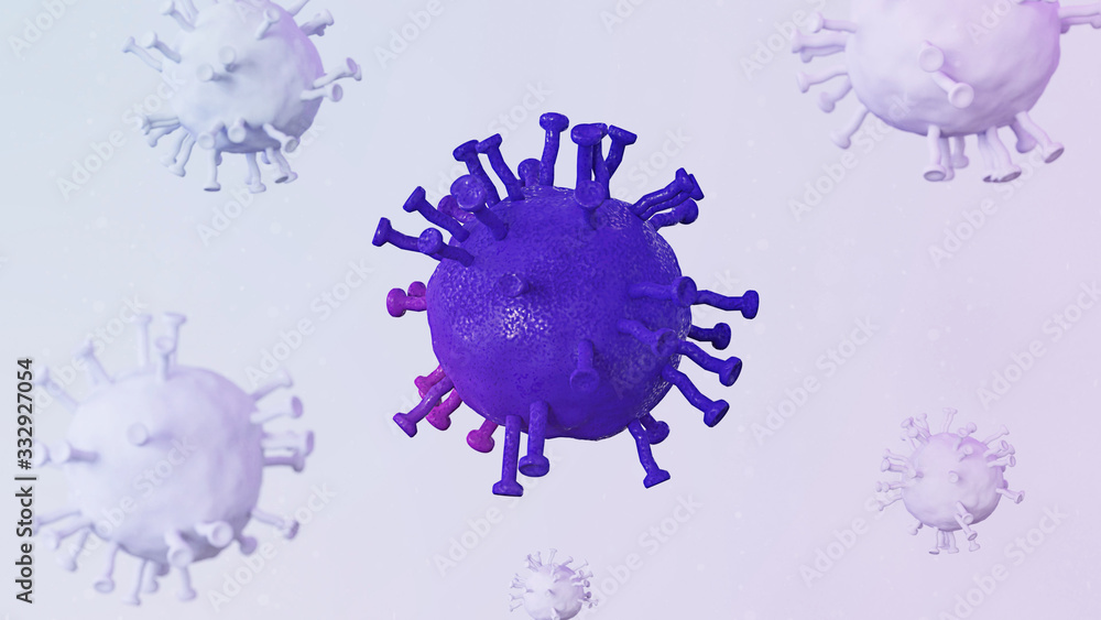 Corona viruses cells with blue and purple color on white gradient ...