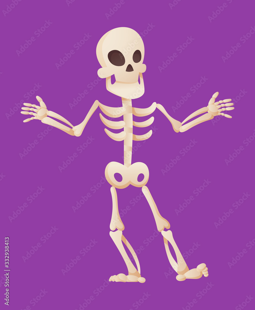 Funny cartoon skeleton spreads his hands. Vector bony character. Human ...