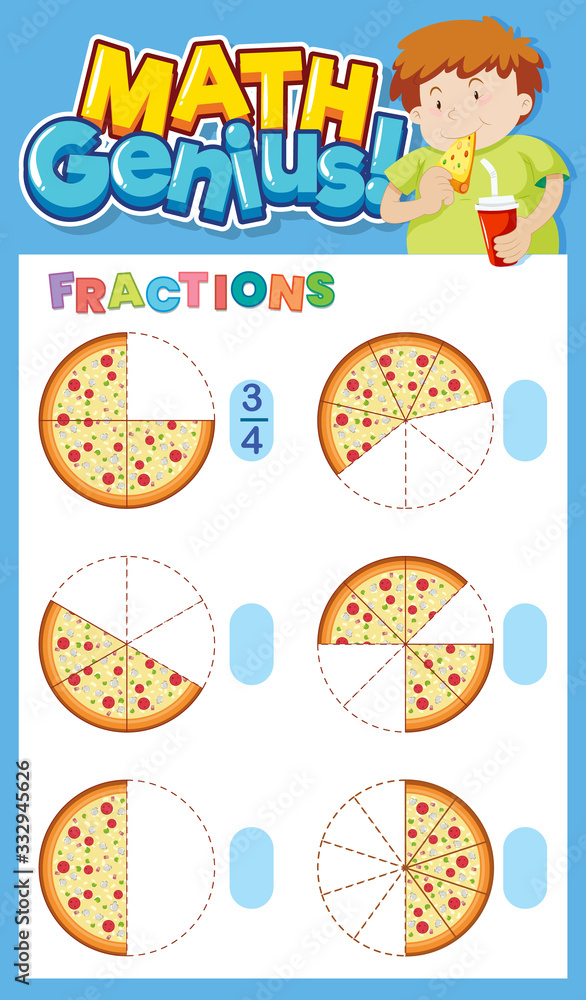 Math worksheet template design for fractions with pizza Stock Vector ...