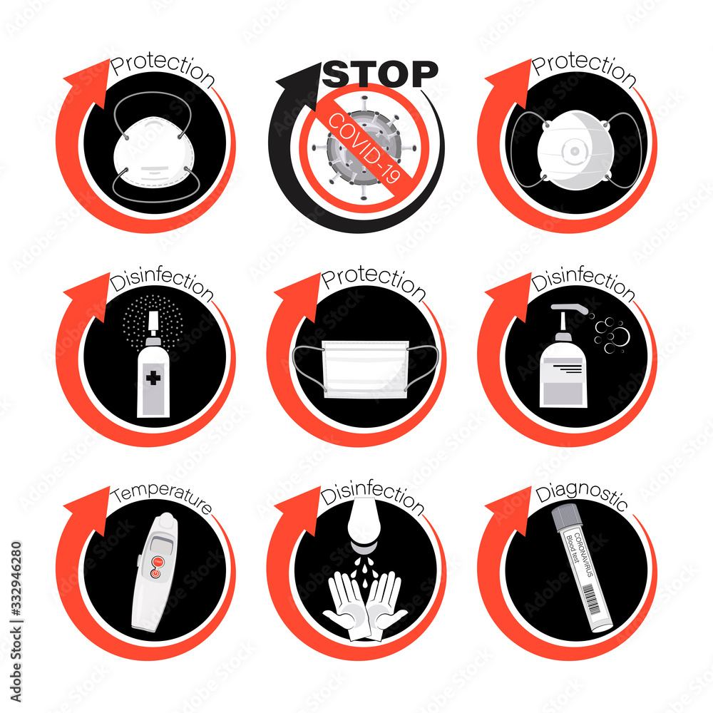 COVID-19. Virus stop signs, health protection labels. Coronavirus 2019 ...