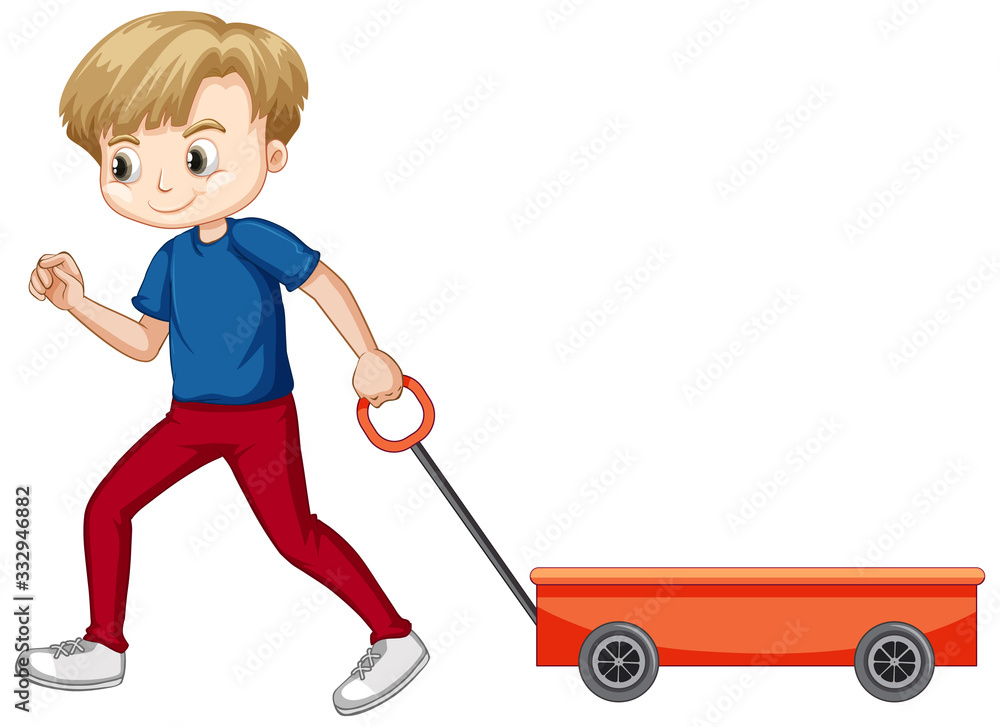 Boy pulling red wagon on white background Stock Vector | Adobe Stock