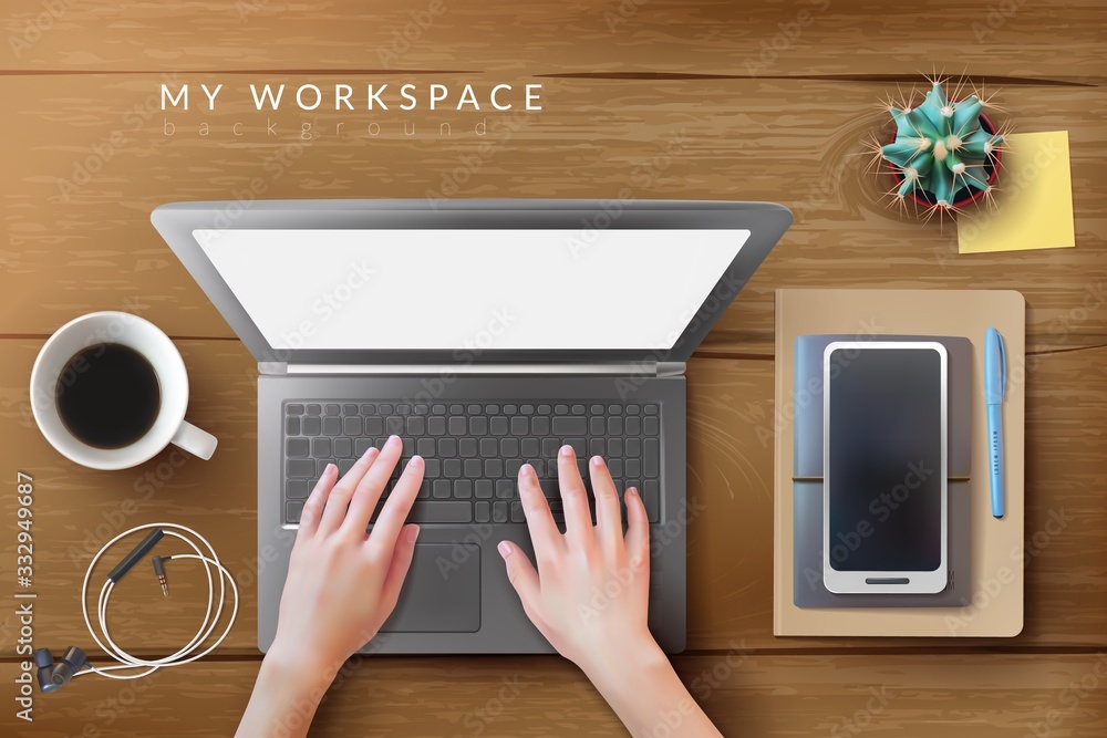 Realistic desktop workplace mockup laptop identity Stock Vector | Adobe ...