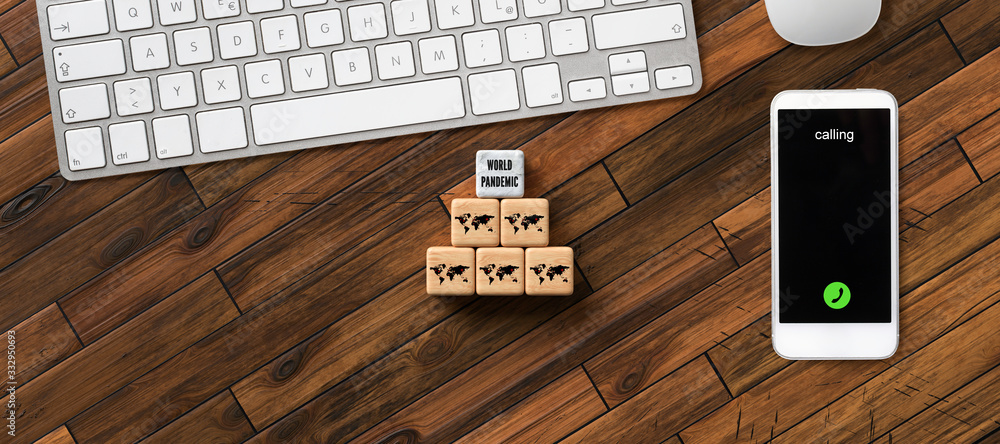 cube with message WORLD PANDEMIC and cubes with world map symbols on ...