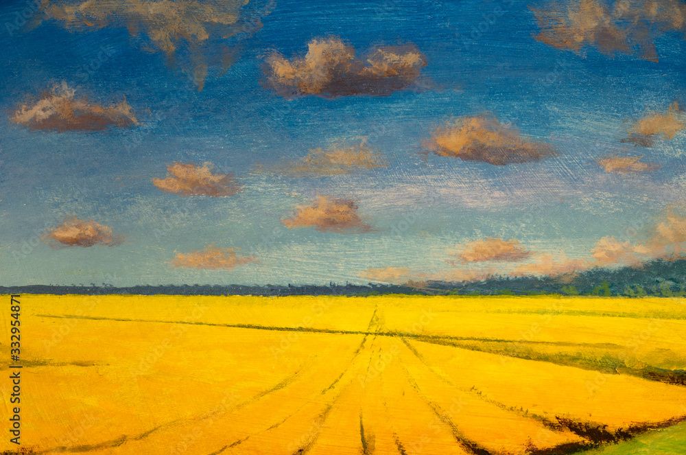 Watercolor painting with acrylic oil from artist, yellow field of ripe ...