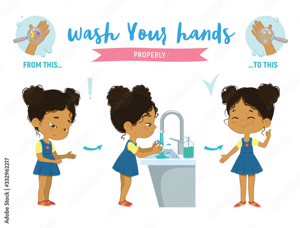 Illustration of a african american girl washing her hands on a white ...
