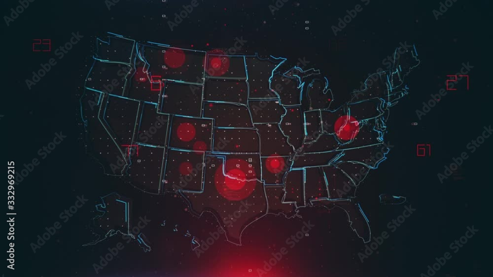 Motion graphics map of USA with the localization and spread of the ...