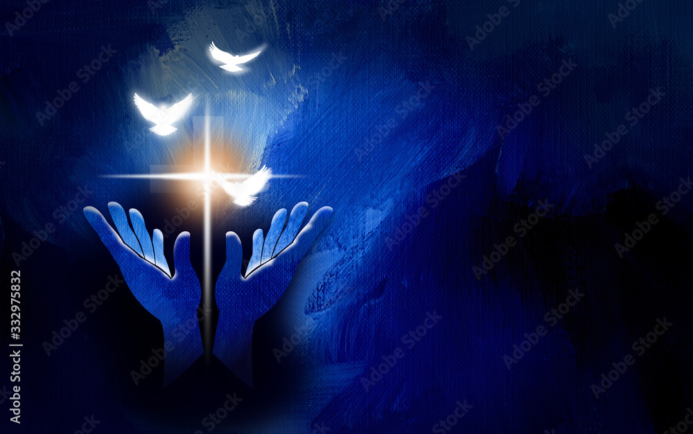 Graphic praise hands Christian cross and spiritual doves background ...