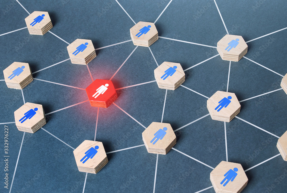 Red human figure in a network. Weak link, toxic worker. Security threat ...