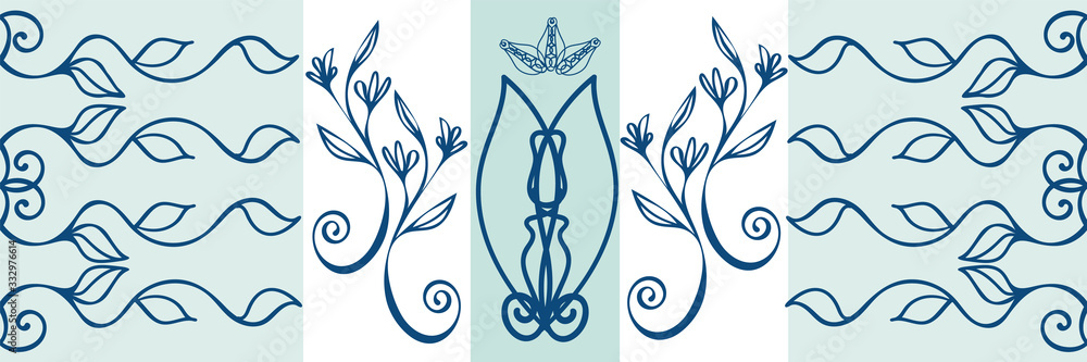 Ornate celtic seamless vector border design. Modern striped floral blue ...