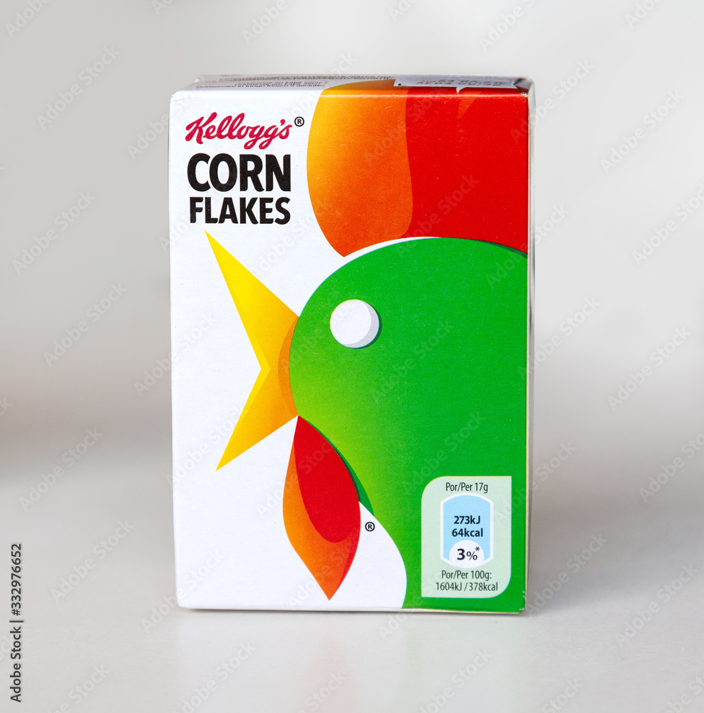 Box of Kellogg's Corn flakes Breakfast Cereal on white background ...