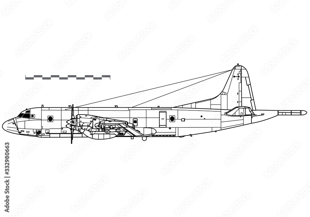 Lockheed P-3 Orion. Vector drawing of maritime patrol aircraft. Side ...