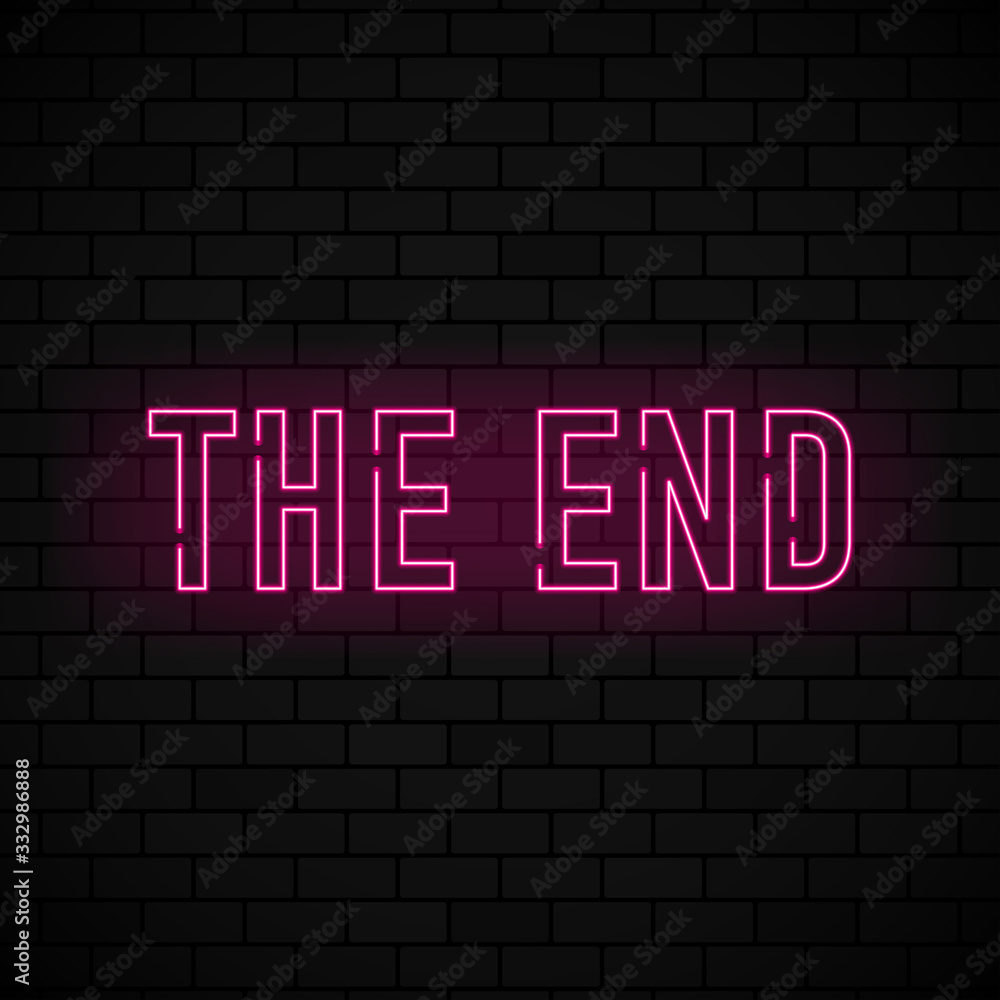 The end red neon sign. Vintage movie ending neon frame on black brick ...