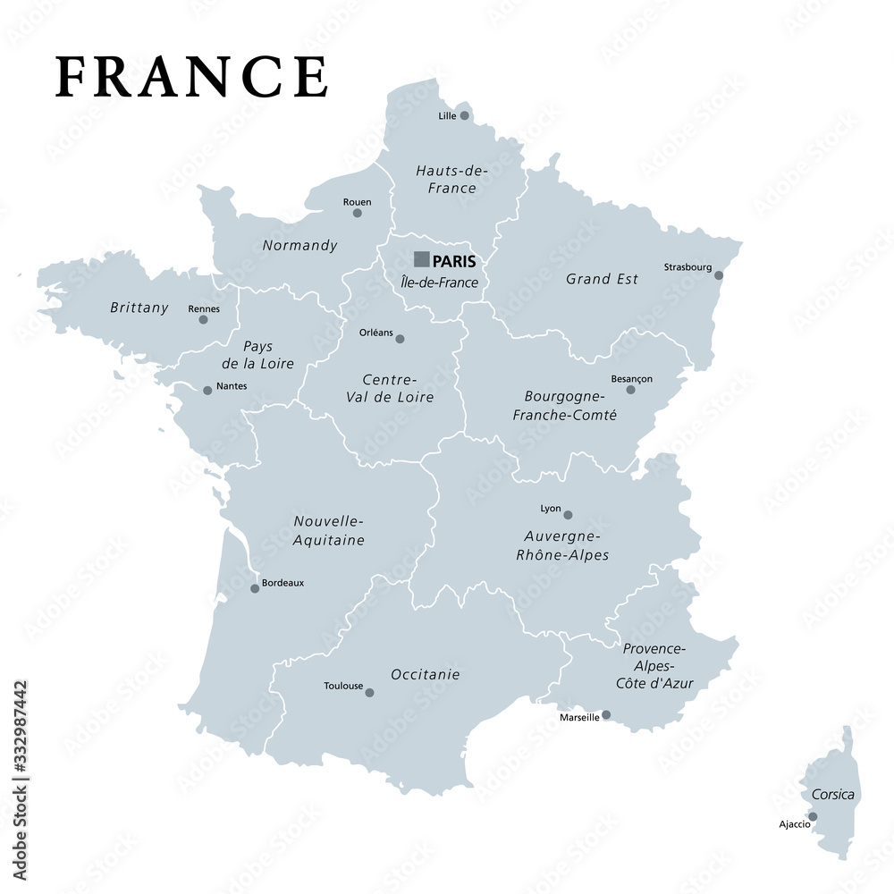 France, gray political map. Regions of Metropolitan France. French ...