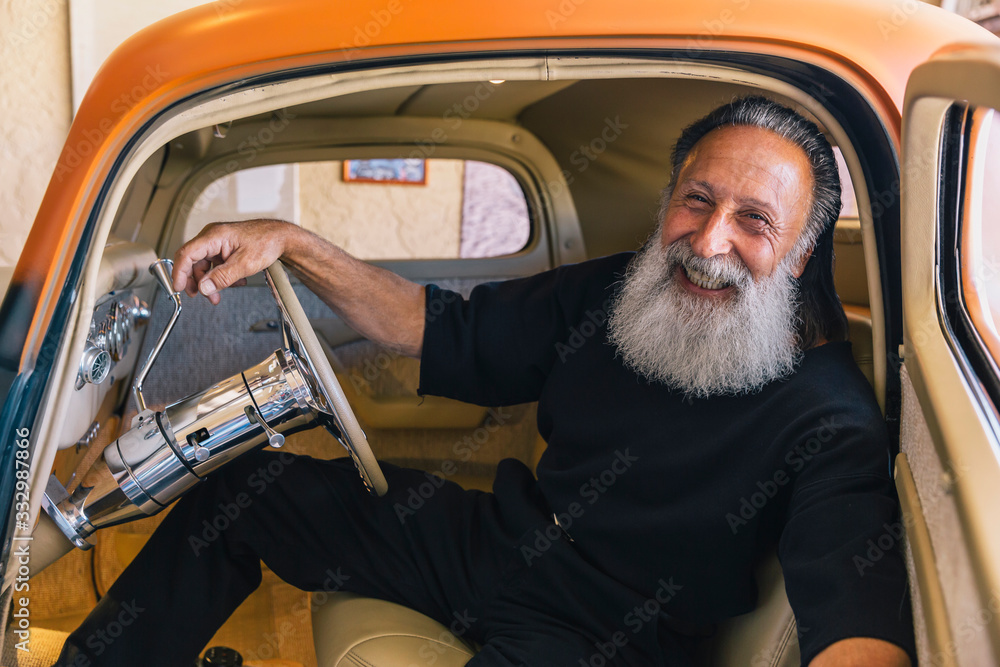 Lifestyle Portrait of Happy Bearded men in His Hot Rod Car Stock Photo ...