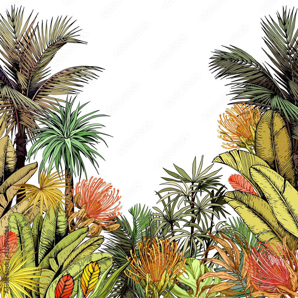 Colorful card with coconut palm trees and tropical lush foliage. Stock ...