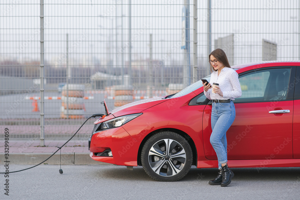 Girl Use Coffee Drink While Using Smart Phone and Waiting Power Supply Connect to Electric ...