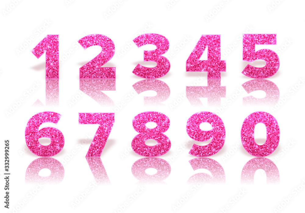 Pink glitter numbers with reflection and shadow isolated on white ...