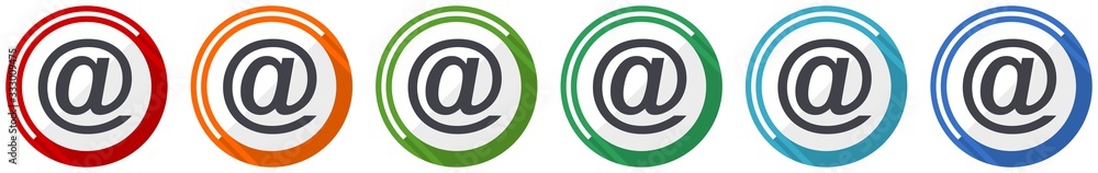 Email icon set, flat design vector illustration in 6 colors options for ...