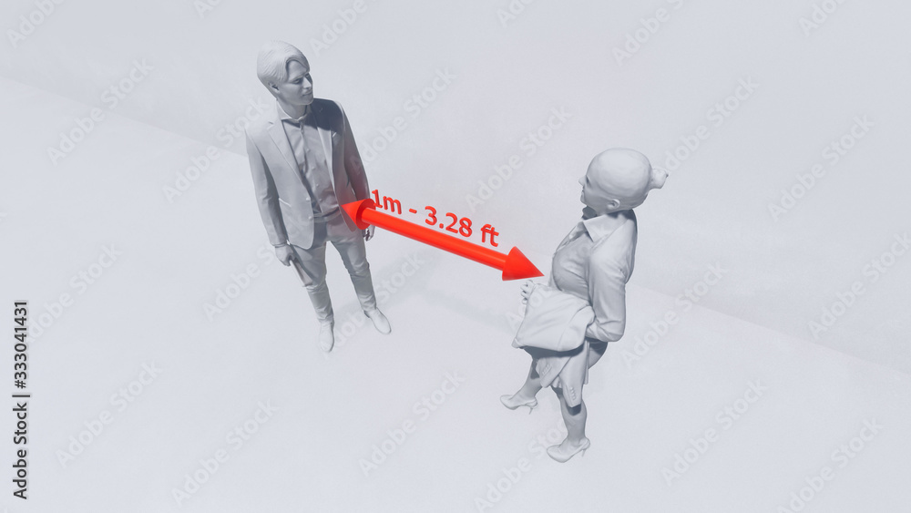 Schematic representation of two people keeping safe distance on white ...