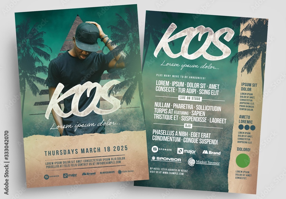 Event Flyer Layout with Green Textured Background and Palm Tree ...
